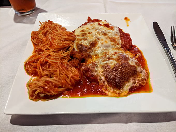 Chicken Parmigiana arrives golden and bubbling, proving that some classics never go out of style for good reason.