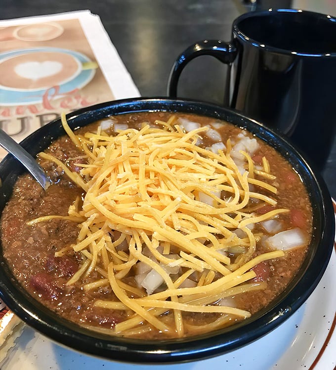 This isn't just chili—it's a warm hug in a bowl, topped with enough cheese to make Wisconsin proud.