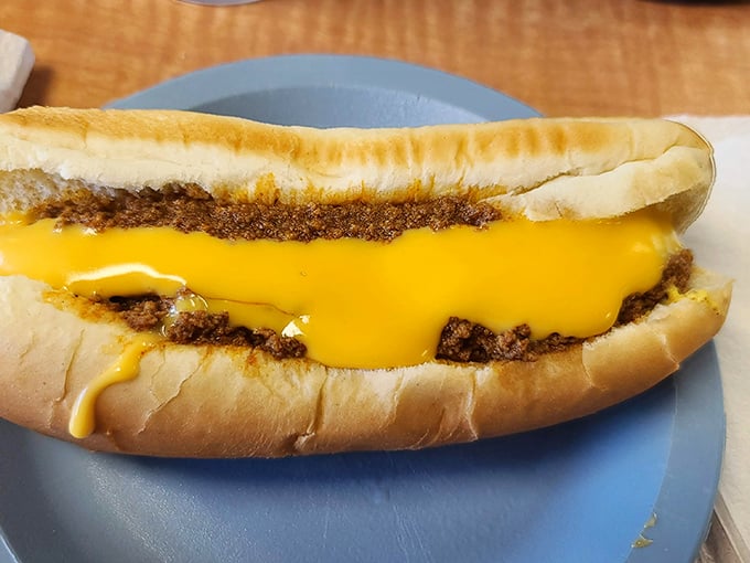 Behold the chili cheese dog in all its messy glory! That molten cheese cascade is what dreams are made of.