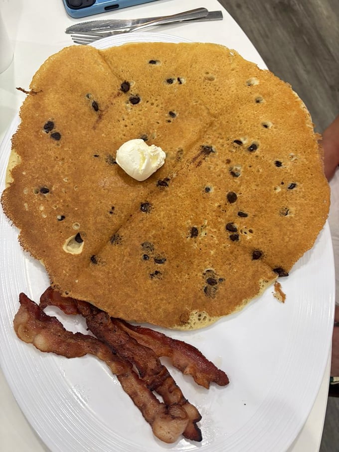 This blueberry pancake isn't just breakfast – it's a golden-brown canvas dotted with berry masterpieces. Michelangelo would approve.