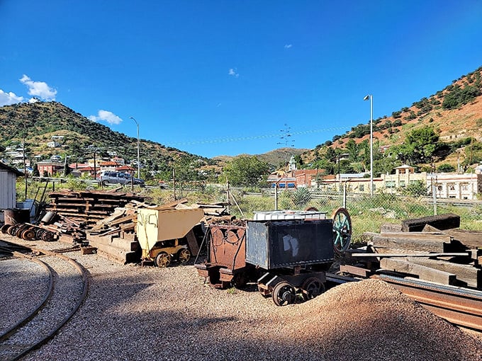 Mining equipment stands as silent sentinels to Bisbee's copper-rich past. These industrial relics remind visitors of the town's hardworking origins.