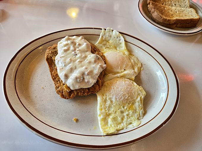 Country fried steak that makes you question your life choices—why haven't you been eating this every day? Crispy exterior, tender inside, smothered in gravy.