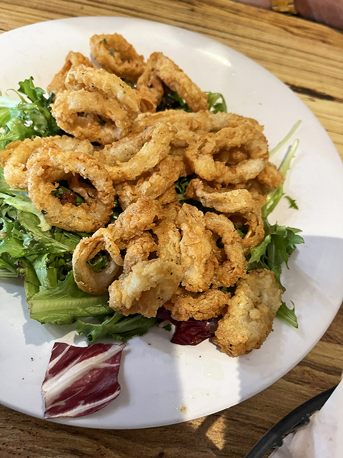 Golden rings of perfectly fried calamari perched atop fresh greens – crispy on the outside, tender within, and utterly irresistible.