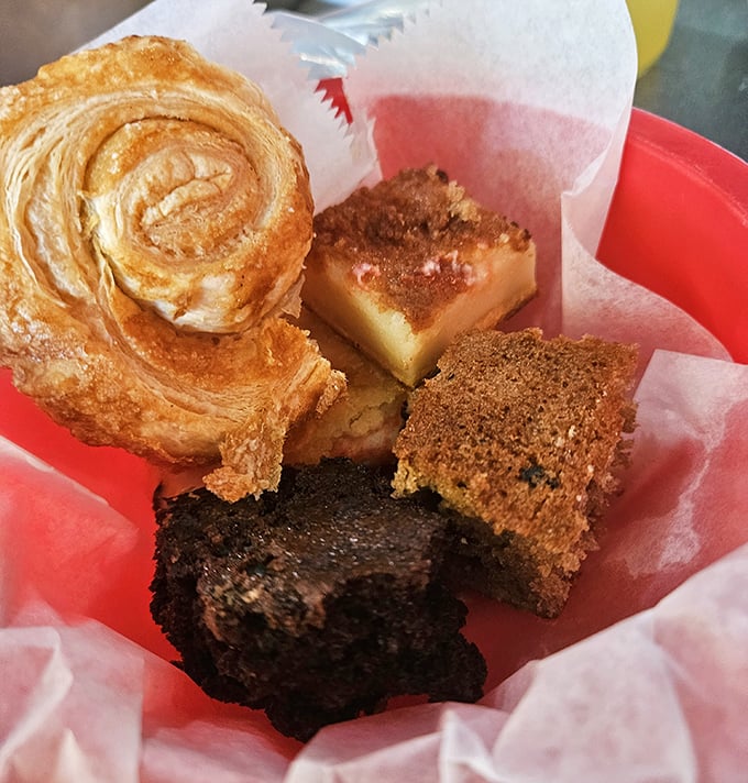 Pastry perfection in a basket—where cinnamon rolls and brownies coexist in sweet harmony, like the dessert version of The Odd Couple.