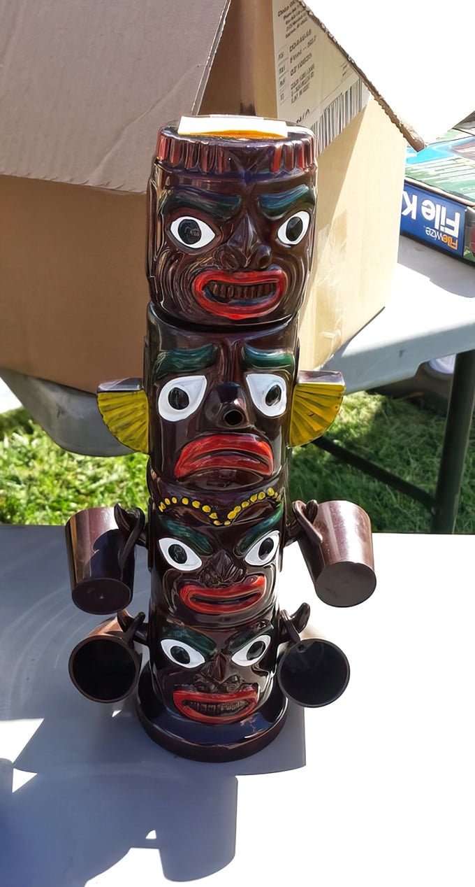 Not just any totem—this vintage tiki mug holder is the conversation piece your basement bar has been desperately waiting for.