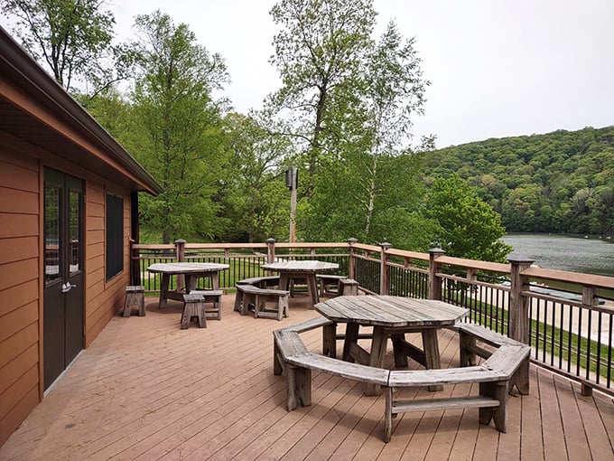 This waterfront deck offers ringside seats to nature's daily show, mountains and lake included.