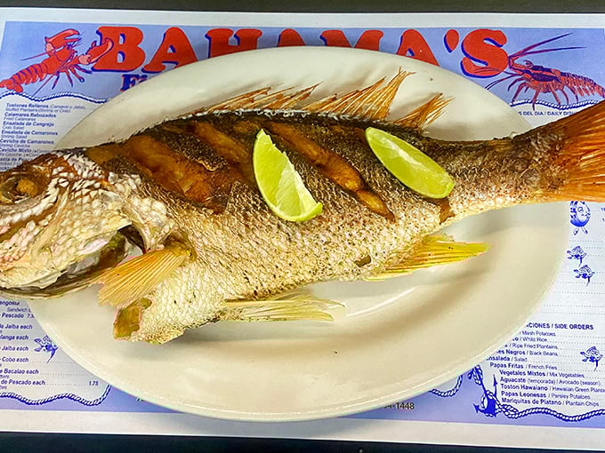The star of the show: whole fried snapper, crispy-skinned and tender-fleshed, served with lime wedges. This is seafood in its most glorious, unapologetic form.