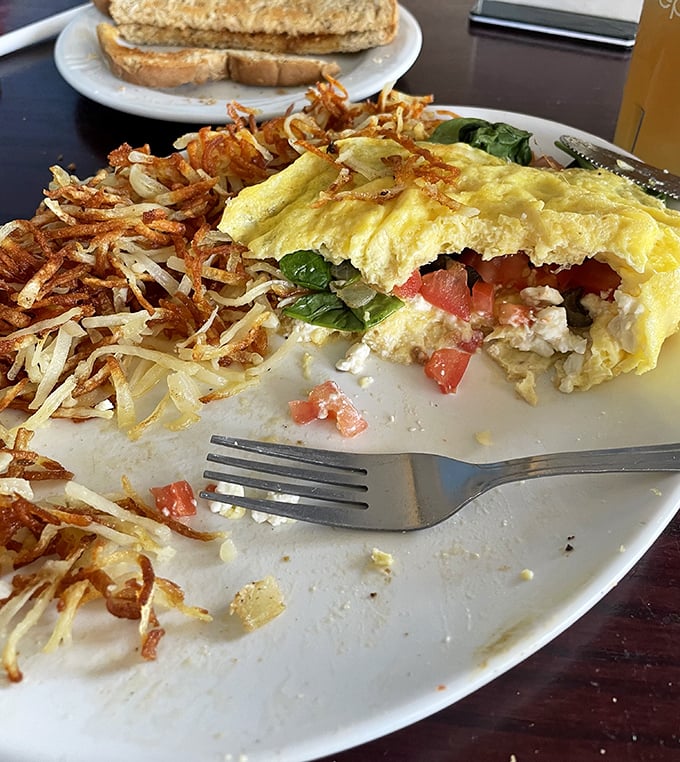 This omelet has more layers than your favorite novel—fluffy eggs, vibrant veggies, and those hashbrowns! Crispy on the outside, tender within.