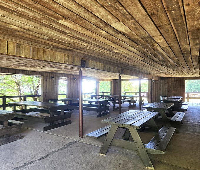 This rustic dining pavilion offers the perfect spot to refuel after your underground expedition. Cave exploring builds an appetite worthy of these picnic tables!