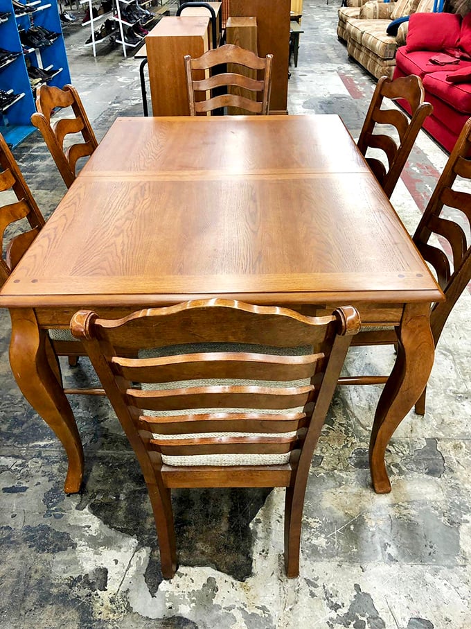 Gather 'round this solid oak dining set and imagine the family dinners it's seen—and the ones it could host in your home for a fraction of retail price.