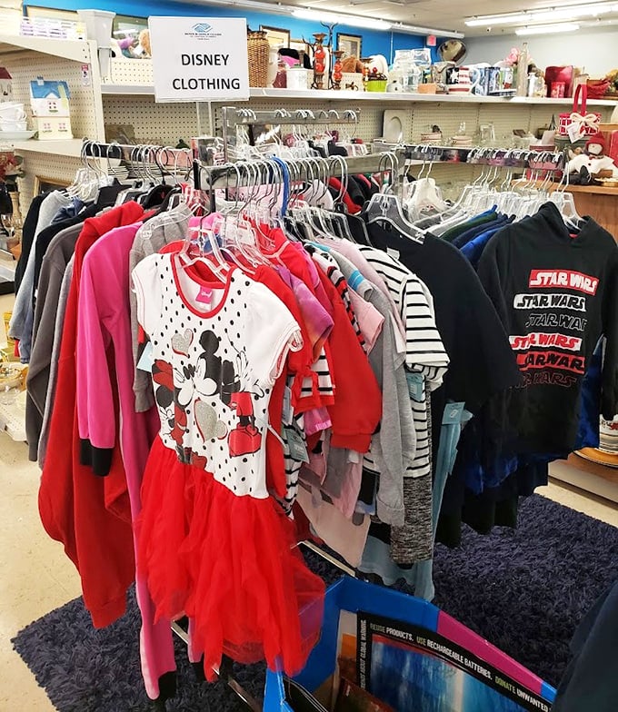 Mickey and Star Wars share rack space in the Disney section, where childhood nostalgia comes with an adult-friendly price tag.