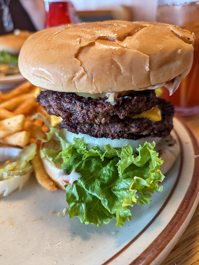 Behold, the double cheeseburger in its natural habitat—surrounded by golden fries and anticipation. No tweezers were used in the assembly of this beauty.