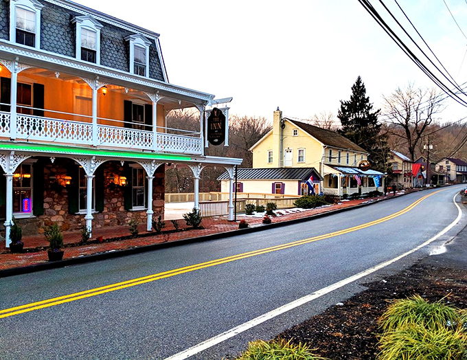 Twilight transforms Saint Peters into a storybook setting. Those warm glowing windows aren't just lights—they're invitations to peek into village life.