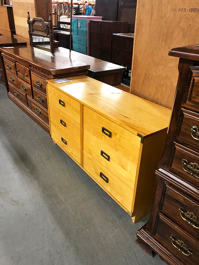 Mid-century meets modern functionality in this blonde wood dresser. Marie Kondo would approve of all the storage space for things that definitely spark joy—or at least spark memories.