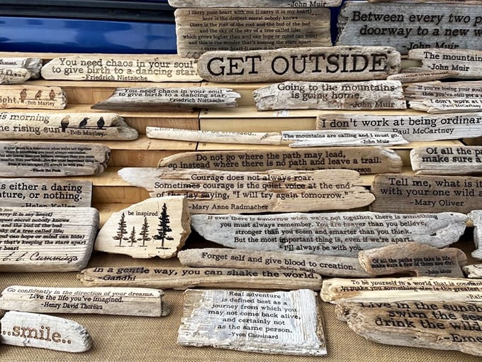 Words of wisdom etched into driftwood – because sometimes life's best advice doesn't come from a therapist but from a piece of wood you found at a flea market.