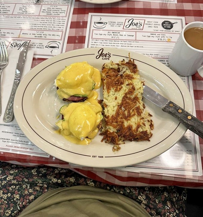 Eggs Benedict nirvana – golden hollandaise cascading over perfectly poached eggs like a sunrise over the Pacific. Worth every calorie.