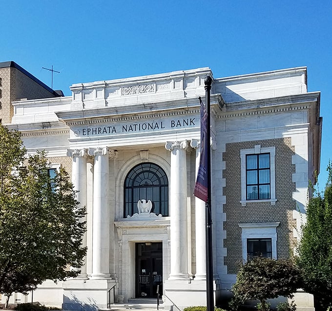 The Ephrata National Bank building isn't just handling deposits—it's making a grand architectural statement that would make any Roman proud.
