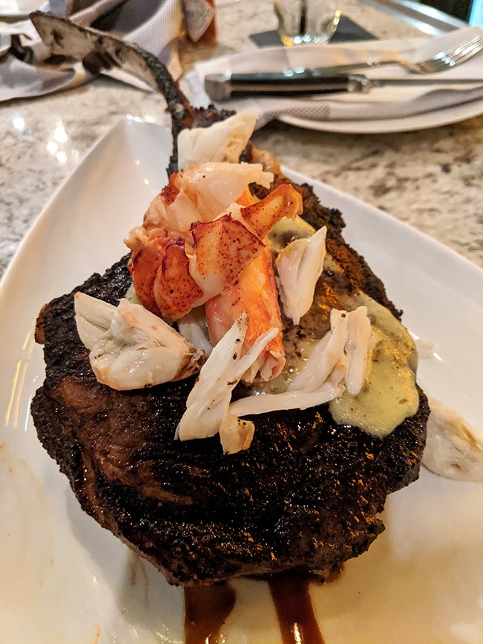 Surf meets turf in spectacular fashion – a perfectly charred steak crowned with succulent lobster meat and a dollop of compound butter.