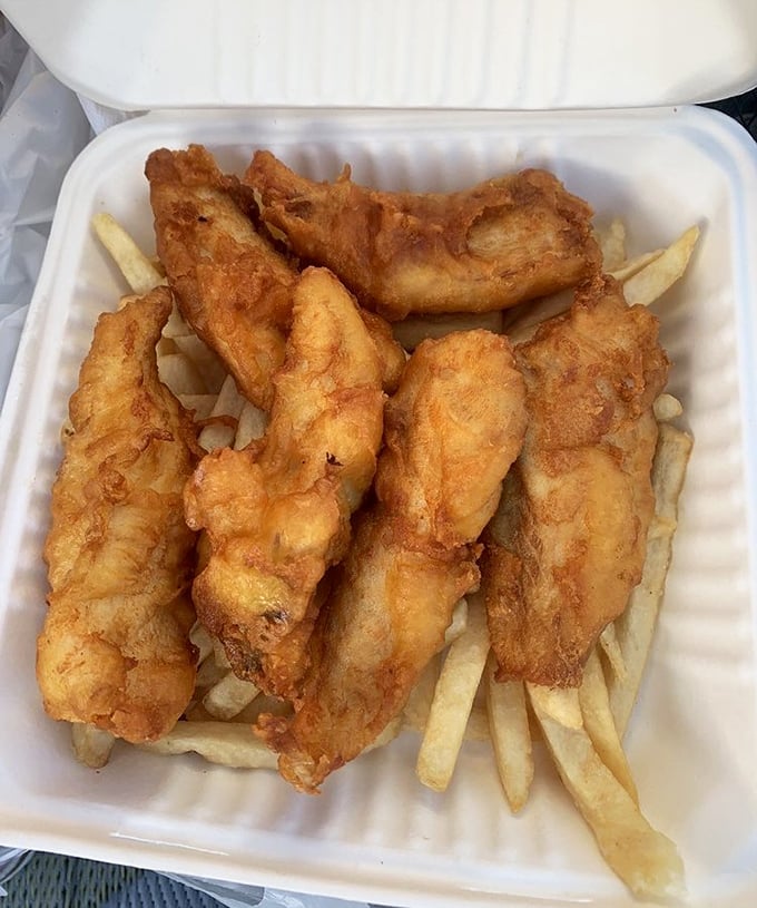 Golden, crispy perfection nestled on a bed of fries. This isn't just fish and chips – it's edible sunshine.