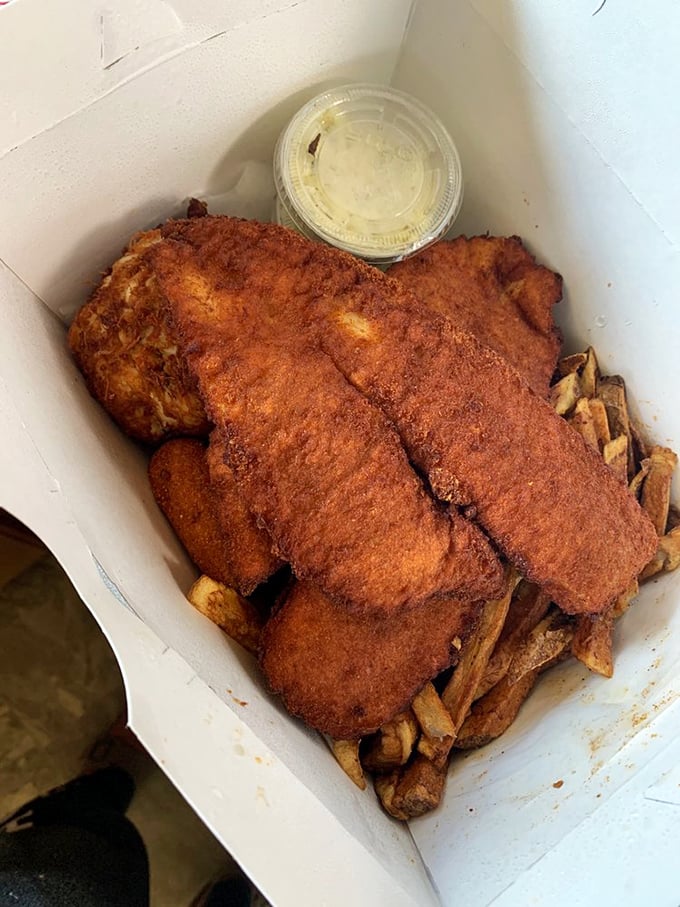 Golden-brown perfection that would make Poseidon himself weep with joy. This flounder and fries combo proves that sometimes the simplest preparations yield the most transcendent results.