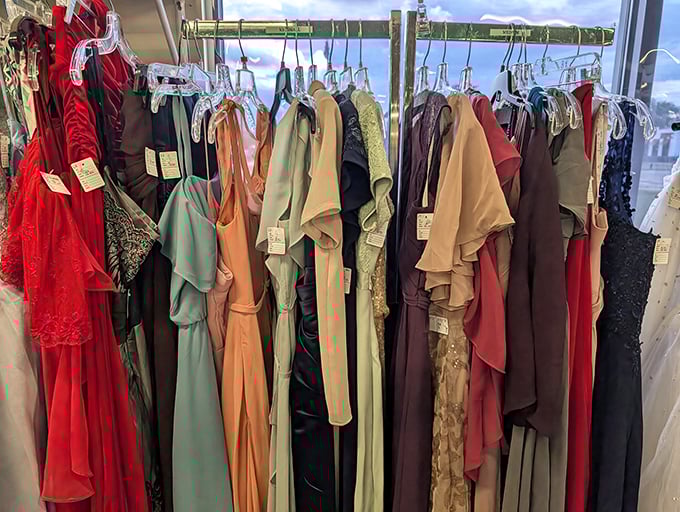 The formal wear section offers elegant options at fraction-of-retail prices—perfect for special occasions without the special occasion budget.