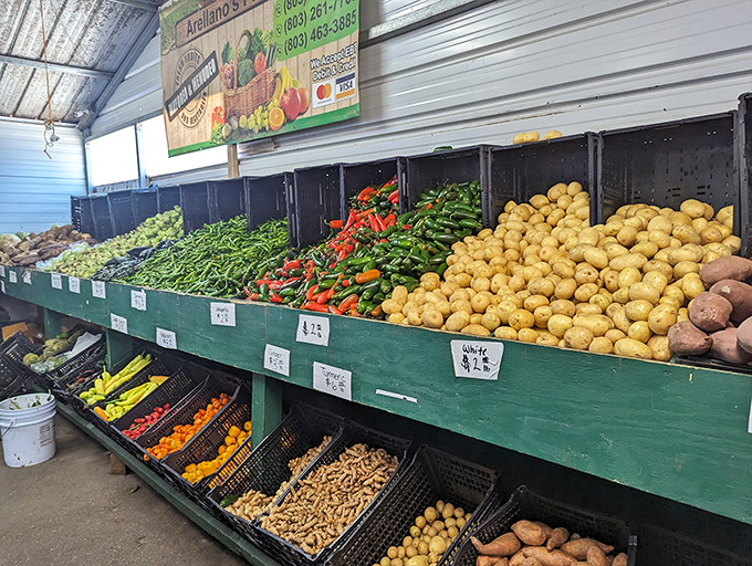 Farm-fresh produce creates a rainbow of possibilities, from vibrant peppers to golden potatoes—proof that not all treasures at the flea market are second-hand.