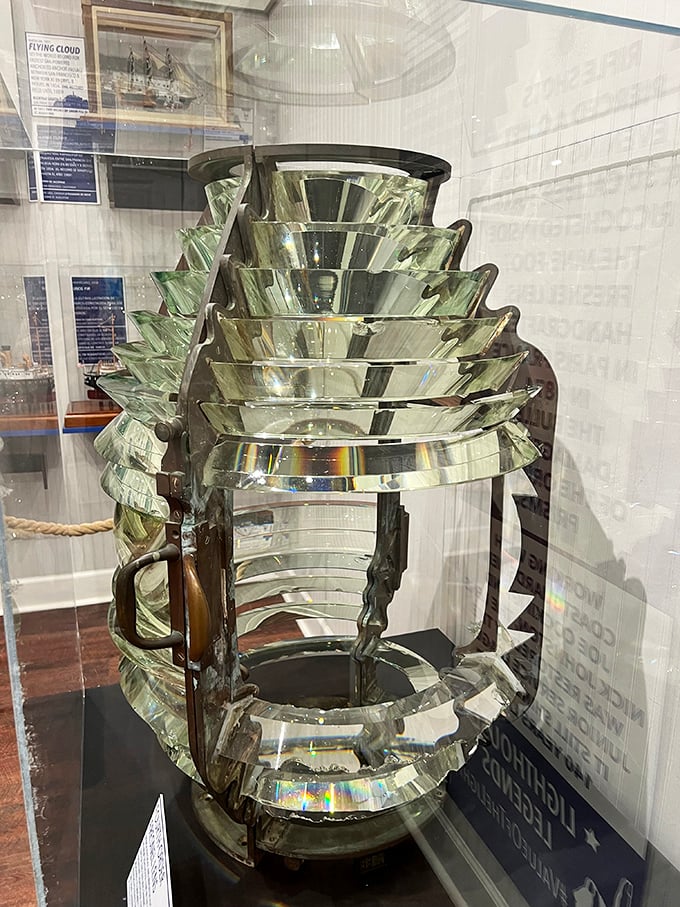 Engineering marvel meets art: the Fresnel lens, with its concentric glass prisms, once projected light 24 miles out to sea – the original high-beam headlight.