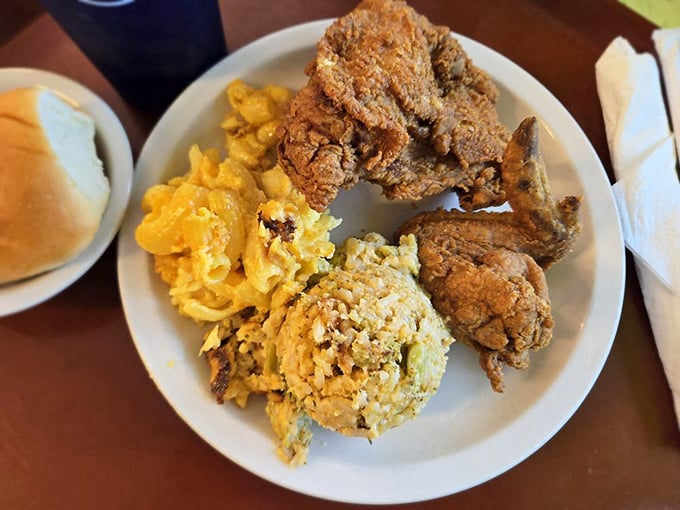 Fried chicken so perfectly golden it deserves its own trophy. The mac and cheese isn't just a side—it's demanding equal billing as the main attraction.