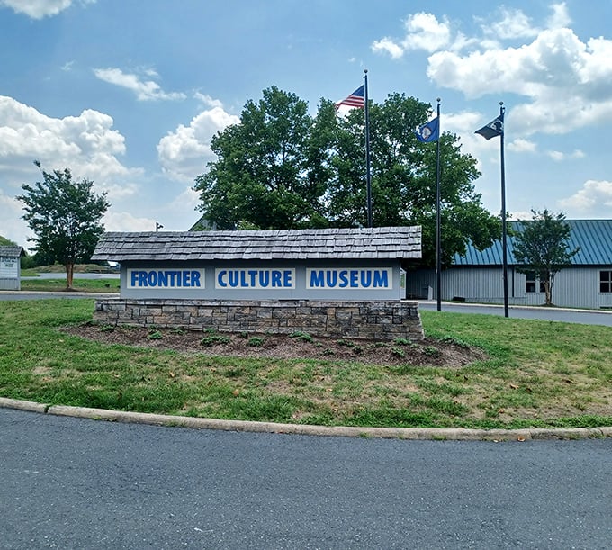 The Frontier Culture Museum entrance promises time travel without the complicated physics or DeLorean required.