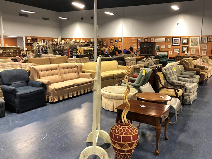 Furniture that tells stories. That plaid recliner has seen football games and family gatherings before finding its way to this second-chance showroom.