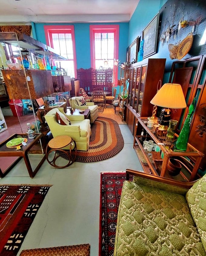 Mid-century furniture heaven! That chartreuse couch isn't just seating—it's a conversation with 1958 that's been waiting for you to join in.