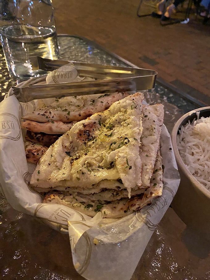 Garlic naan that would make a vampire reconsider its life choices—buttery, blistered perfection with just enough char to remind you that fire and bread are humanity's greatest collaboration.