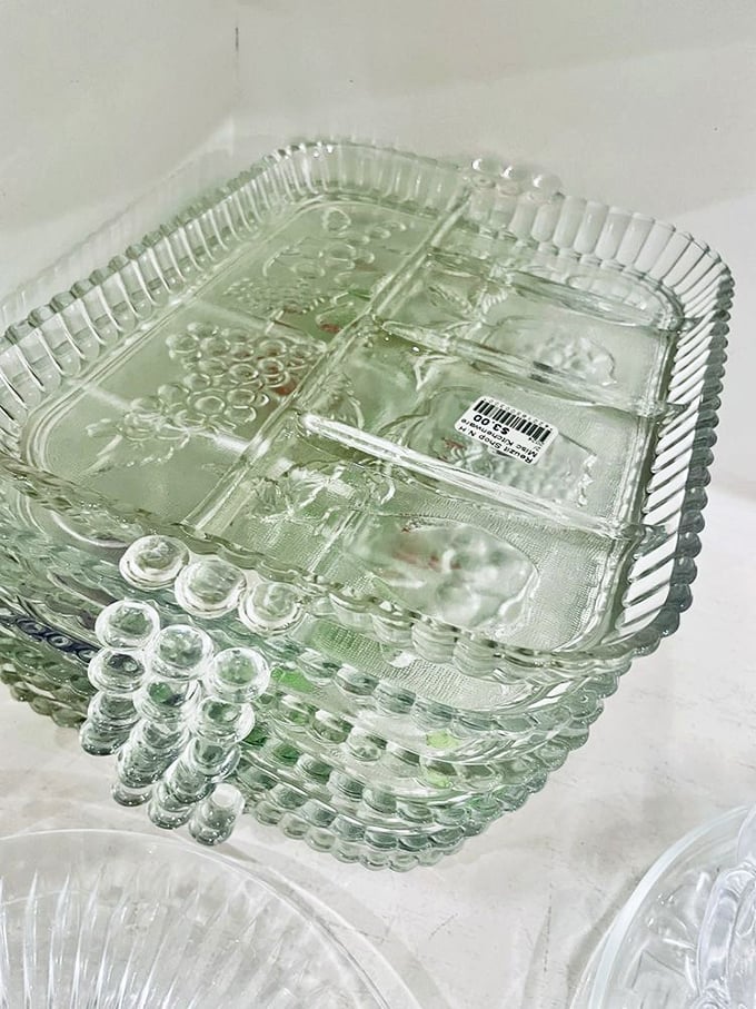 Vintage glassware that whispers of elegant dinner parties past. This divided serving tray is begging to display your famous deviled eggs.