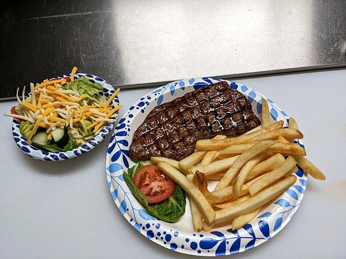 This isn't just steak and fries—it's a masterclass in simplicity. The grill marks tell stories of flame-kissed perfection while the salad provides virtuous balance.