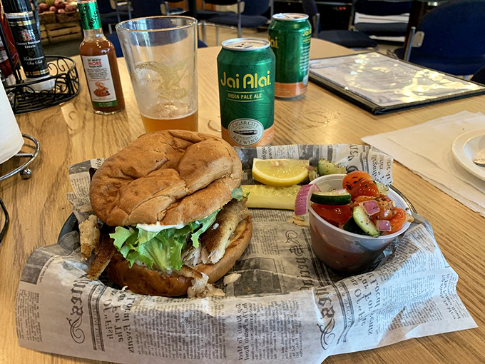 Behold, the star of the show: a perfectly golden grouper sandwich that makes you wonder why you'd ever eat anything else.