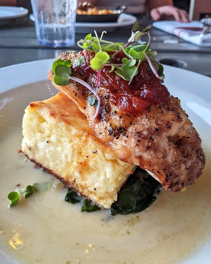 This isn't just fish—it's culinary architecture. Perfectly seared grouper perched atop creamy grits with a tomato jam crown that deserves its own parade.