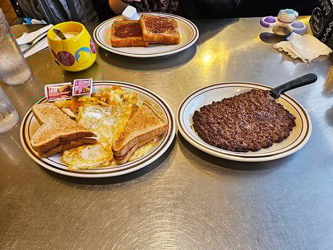 Eggs, toast, and scrapple – the holy trinity of Pennsylvania breakfast, served on plates that have seen generations of satisfied smiles.