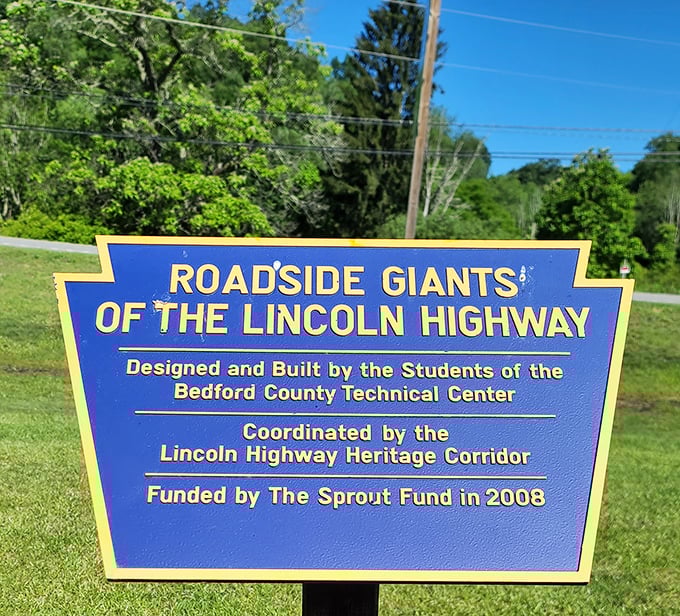 History meets whimsy: The plaque reveals this masterpiece was crafted by Bedford County Technical Center students in 2008. Education that makes cents!