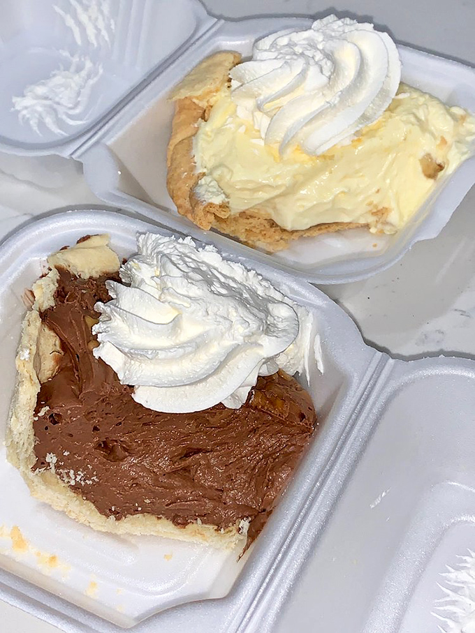 Heaven comes in takeout containers at Theo's – chocolate and cream pies topped with clouds of whipped cream that make Monday feel like Saturday.