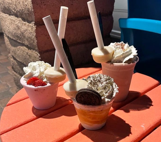 Mini donuts on straws? Genius! These sample-sized shakes showcase Great Shakes' signature move—the donut garnish that's changed the milkshake game forever.