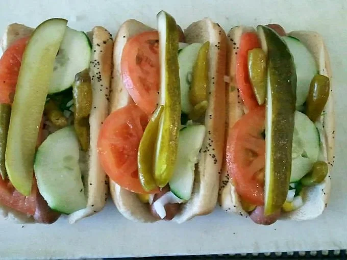 Chicago dogs in their natural habitat—"dragged through the garden" with all the fixings, no ketchup in sight, as the hot dog gods intended.