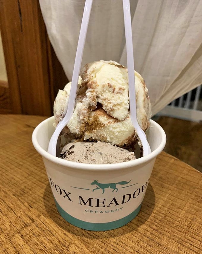 Two generous scoops nestled in a Fox Meadows cup – proof that sometimes the best things in life come with two spoons and zero regrets.