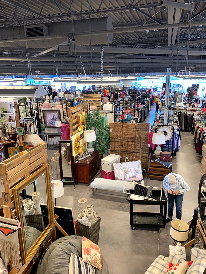 A bird's-eye view of organized chaos—where furniture vignettes and clothing racks create neighborhoods in this bargain metropolis.