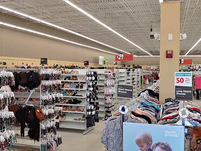 Organized chaos at its finest—racks upon racks of potential wardrobe upgrades await the patient shopper.