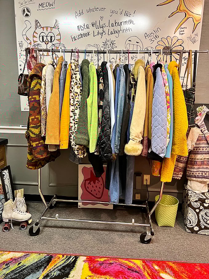 Fashion time travel station! From leopard print to sunshine yellow, these jackets hang beneath a wall adorned with playful doodles.