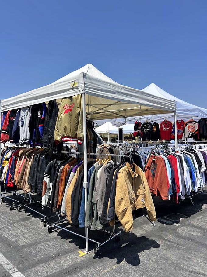 Vintage jacket heaven! Each hanger holds not just clothing but stories—that bomber jacket might have witnessed Woodstock or at least a great Stones concert.