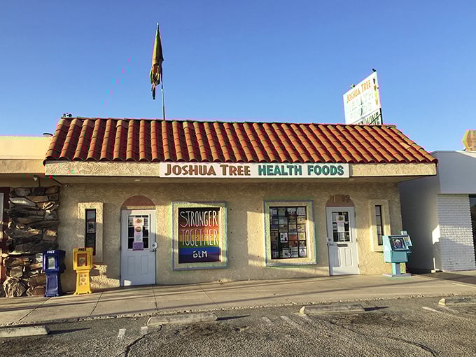 Joshua Tree Health Foods offers desert wanderers organic sustenance with a side of local activism – note the colorful "Stronger Together" sign.