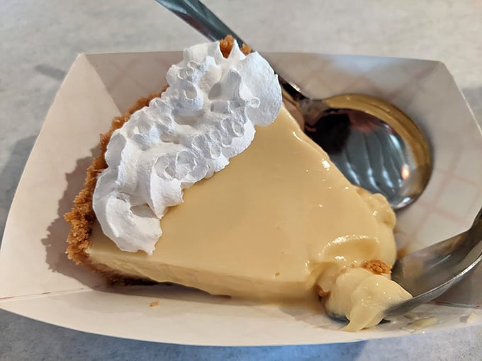The star of the show: a slice of key lime pie that strikes the perfect balance between tart and sweet, topped with a cloud of whipped cream.