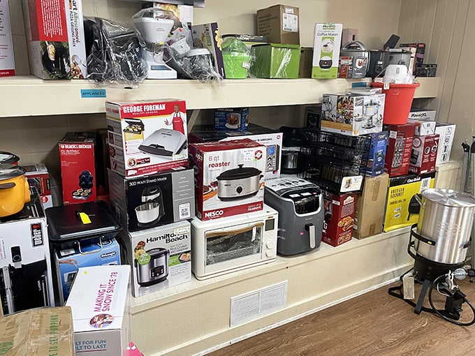 Kitchen gadget paradise! George Foreman grills rub shoulders with coffee makers and slow cookers—all waiting for their second chance to make culinary magic.