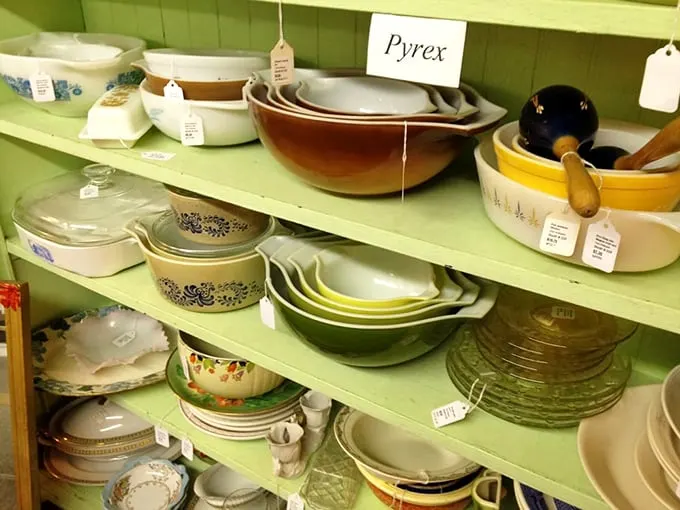 Pyrex paradise! These colorful vintage bowls have witnessed more family recipes than a church cookbook committee meeting.